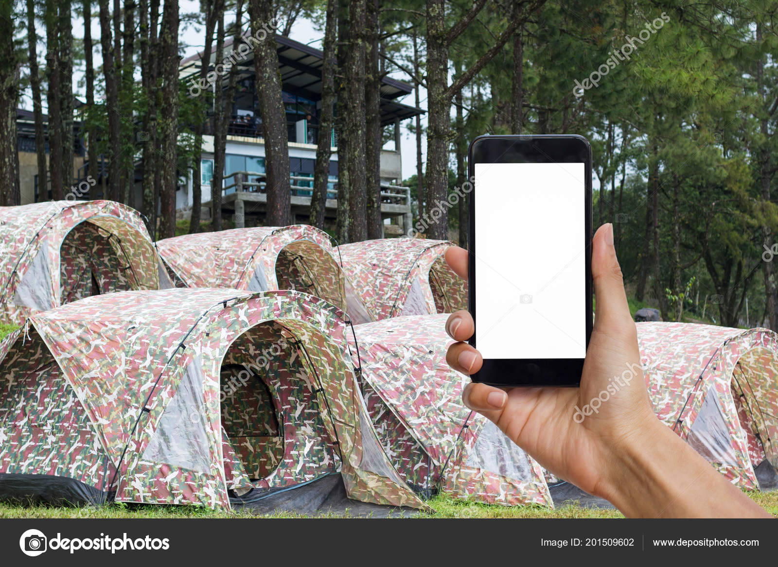 Hand Holding Black Smartphone White Screen Mock Camping Tent Background ...