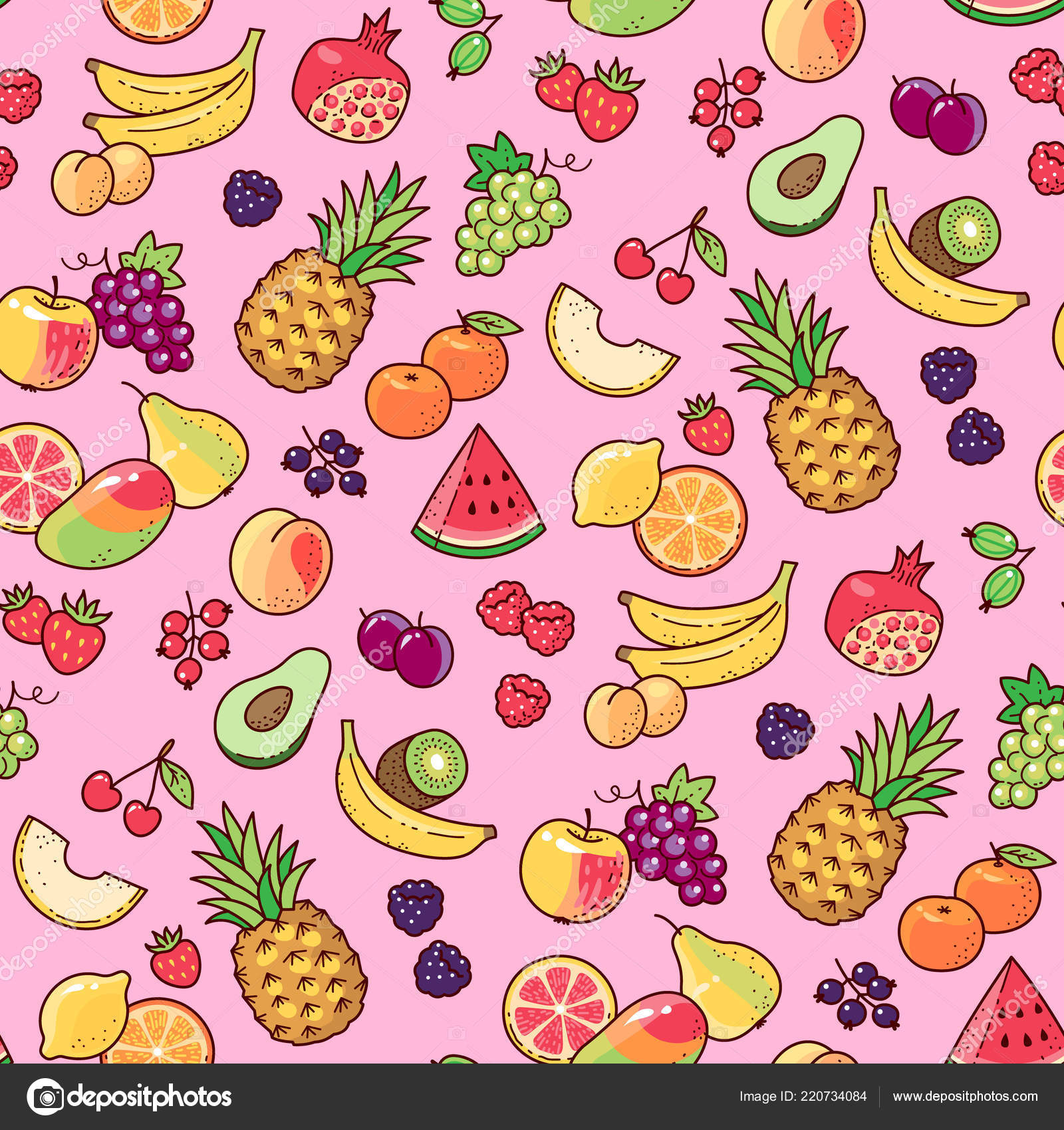 Cartoon Fruits Berries Pink Background Seamless Pattern Textile Design ...