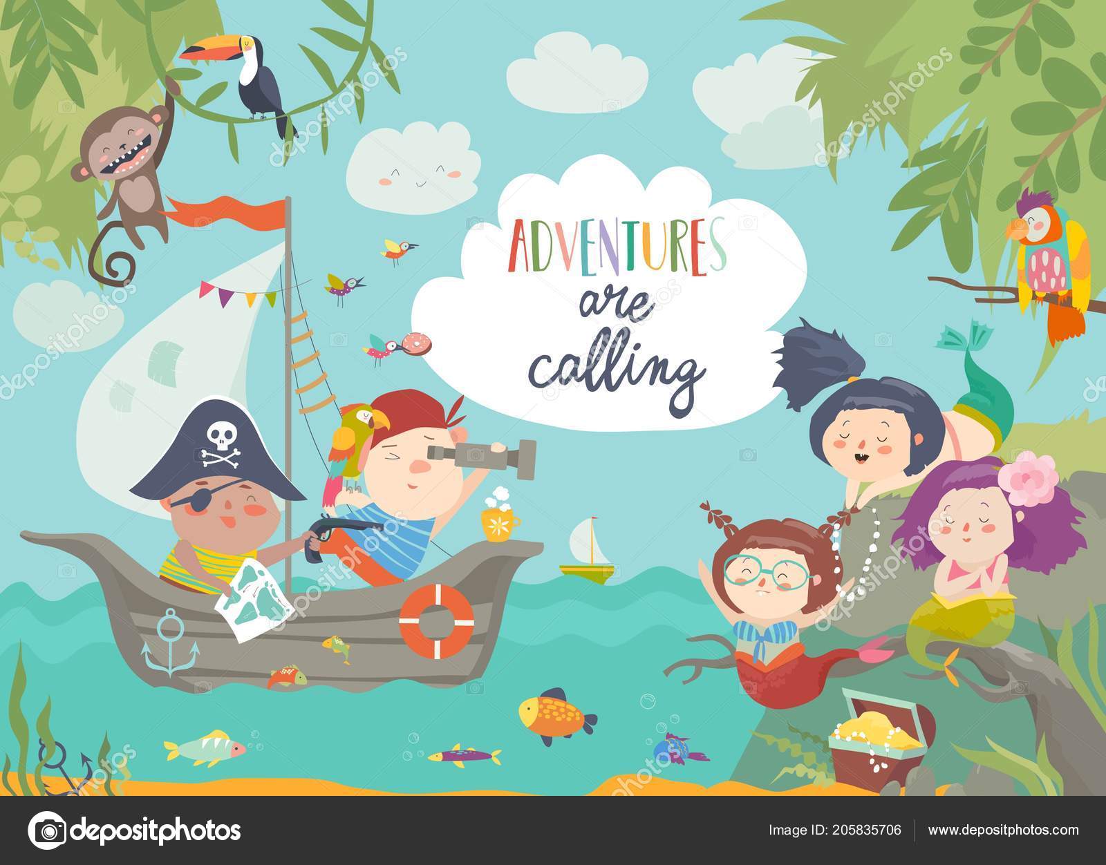 Cute pirates and beautiful mermaids — Stock Vector © masastarus #205835706