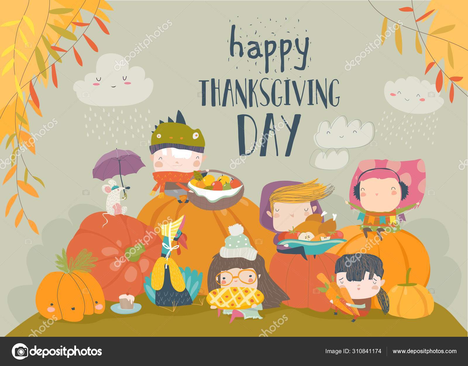 Cartoon children celebrating Thanksgiving Day with animals Stock Vector ...