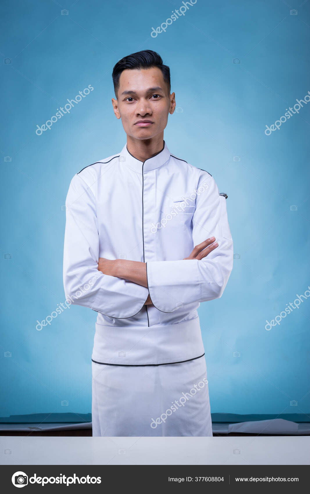 Portrait Asian Executive Chef His White Uniform Apron His Hat — Stock ...