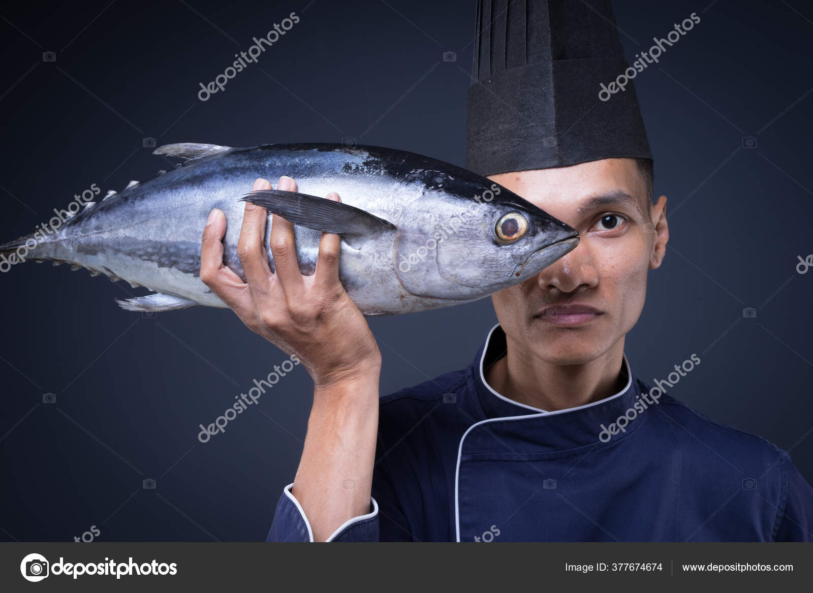 Portrait Asian Executive Chef His Blue Uniform Black Apron Black ...