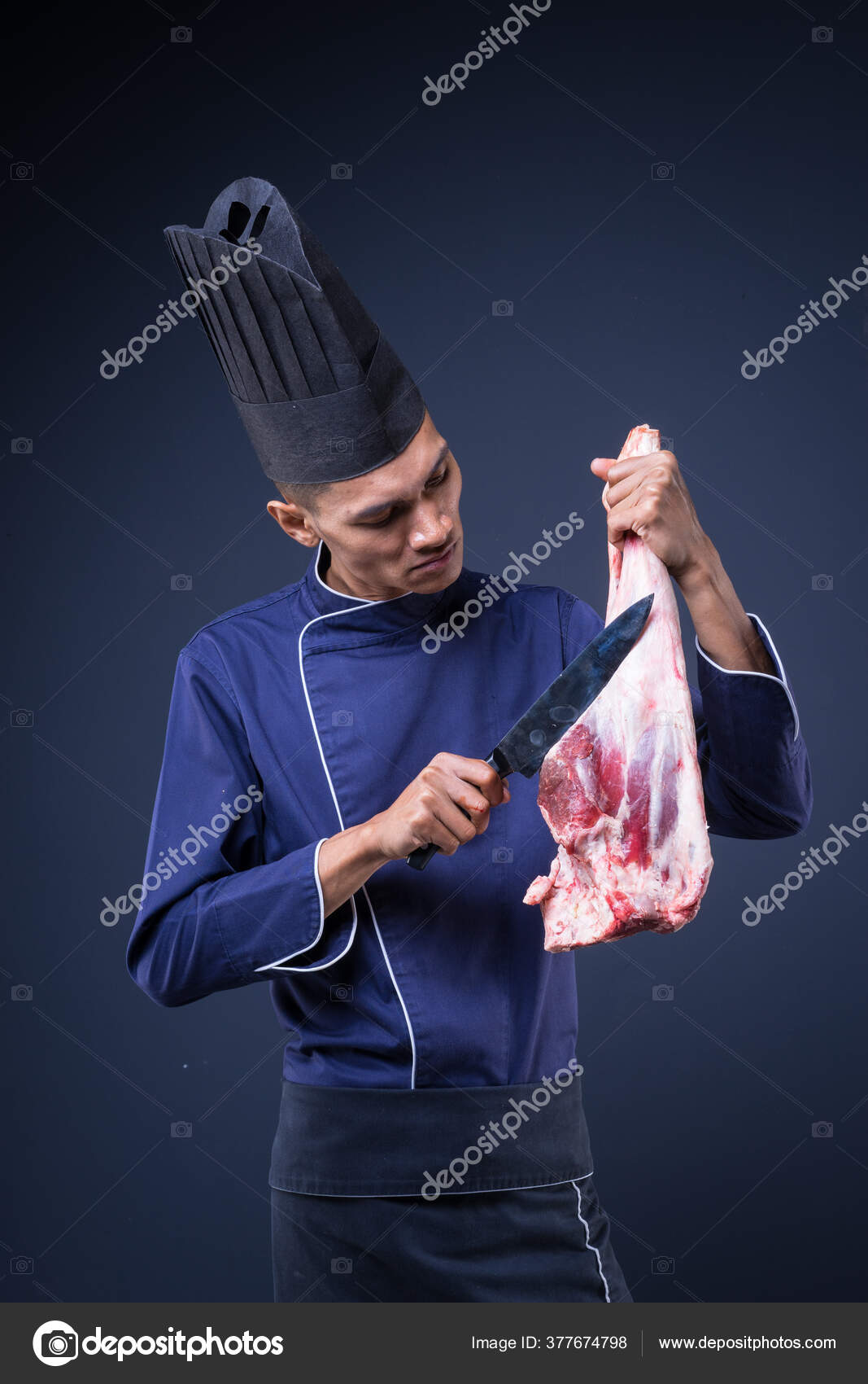 Portrait Asian Executive Chef His Blue Uniform Black Apron Black ...