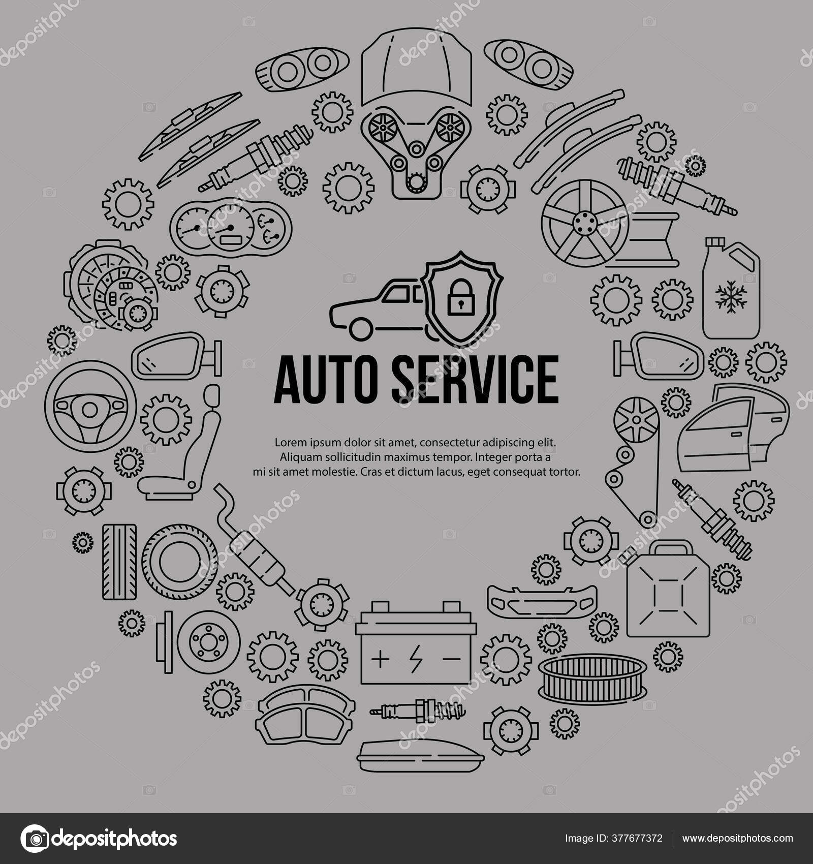 Circle banner with flat line icons of auto parts on a gray background ...