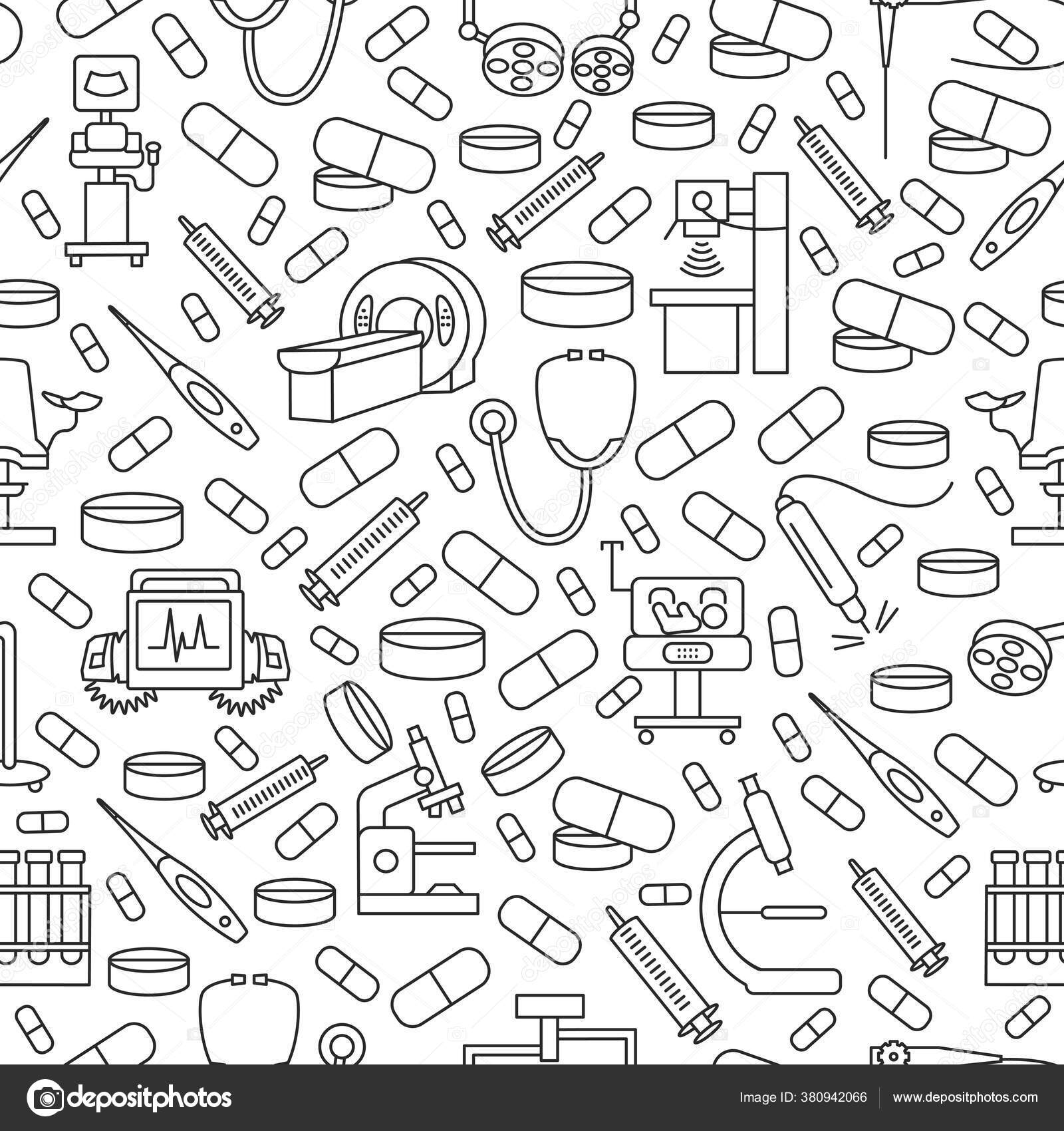 Seamless medical equipment pattern with flat line icon. Gray medical ...
