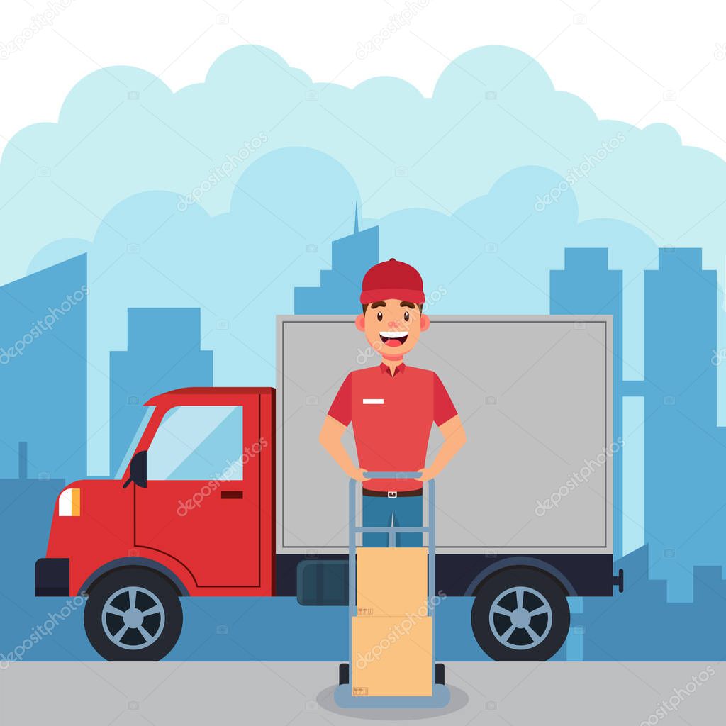 Entrega hombre con camión ilustración vector de dibujos animados 2022