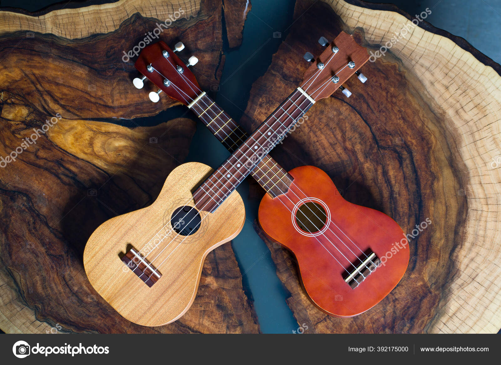 Two Ukuleles Different Colors Light Dark Brown Beautiful Wooden Table ...