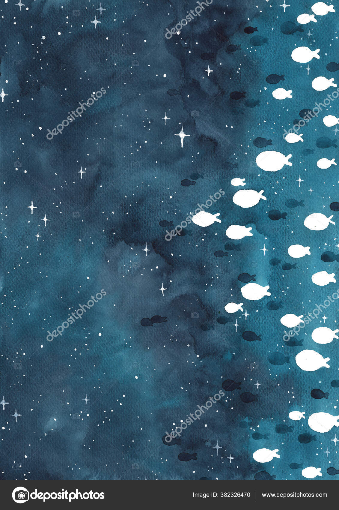 School Fish Swimming Night Sky Watercolor Hand Painting Background ...