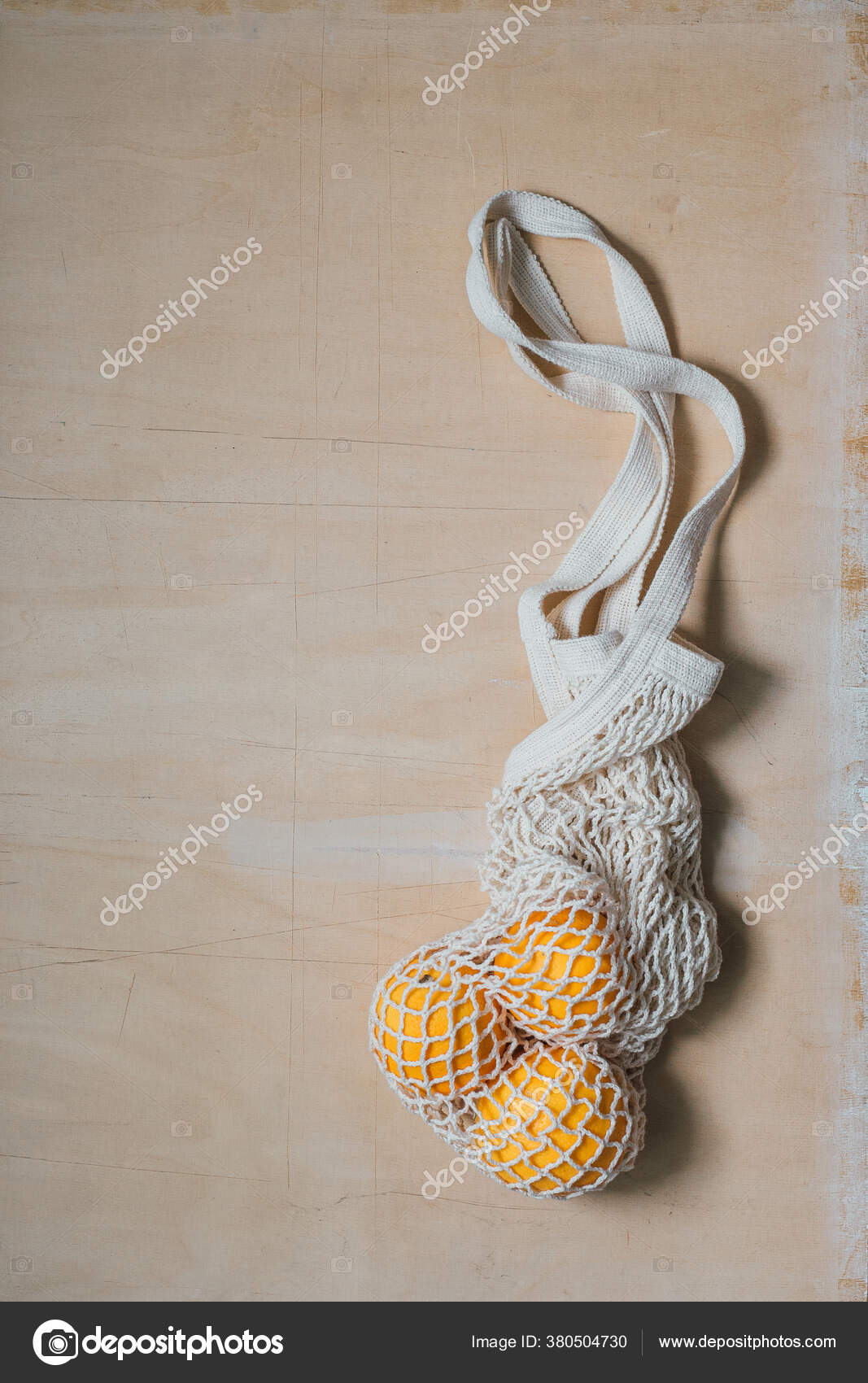 White Eco Friendly String Bag Oranges Natural Wood Background ...