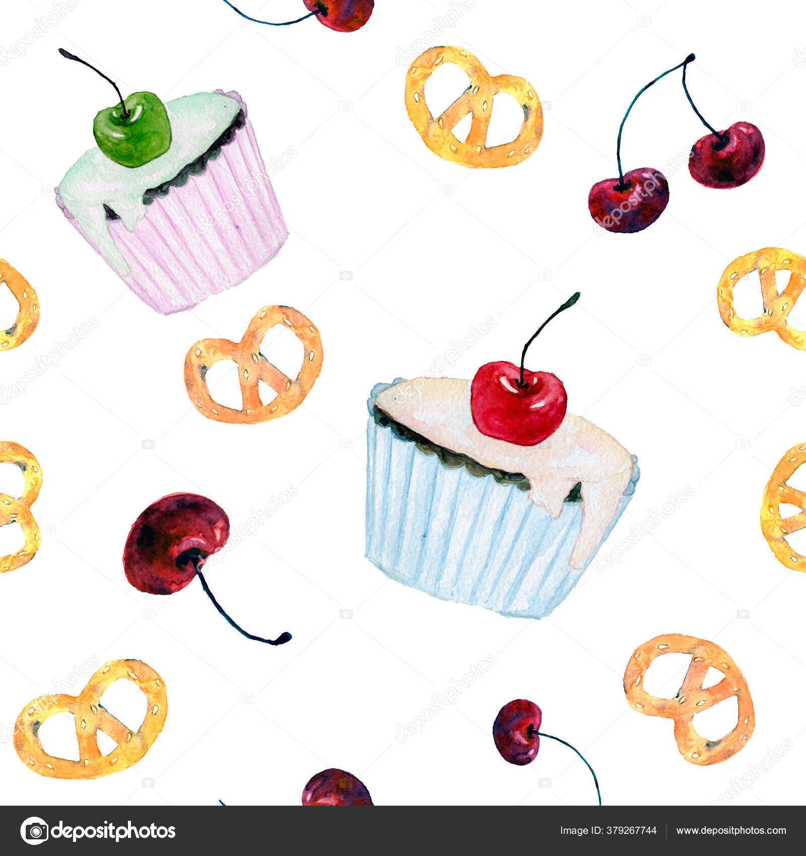 Seamless Pattern Watercolor Elements Cupcakes Pretzels Cherries X10 500 ...