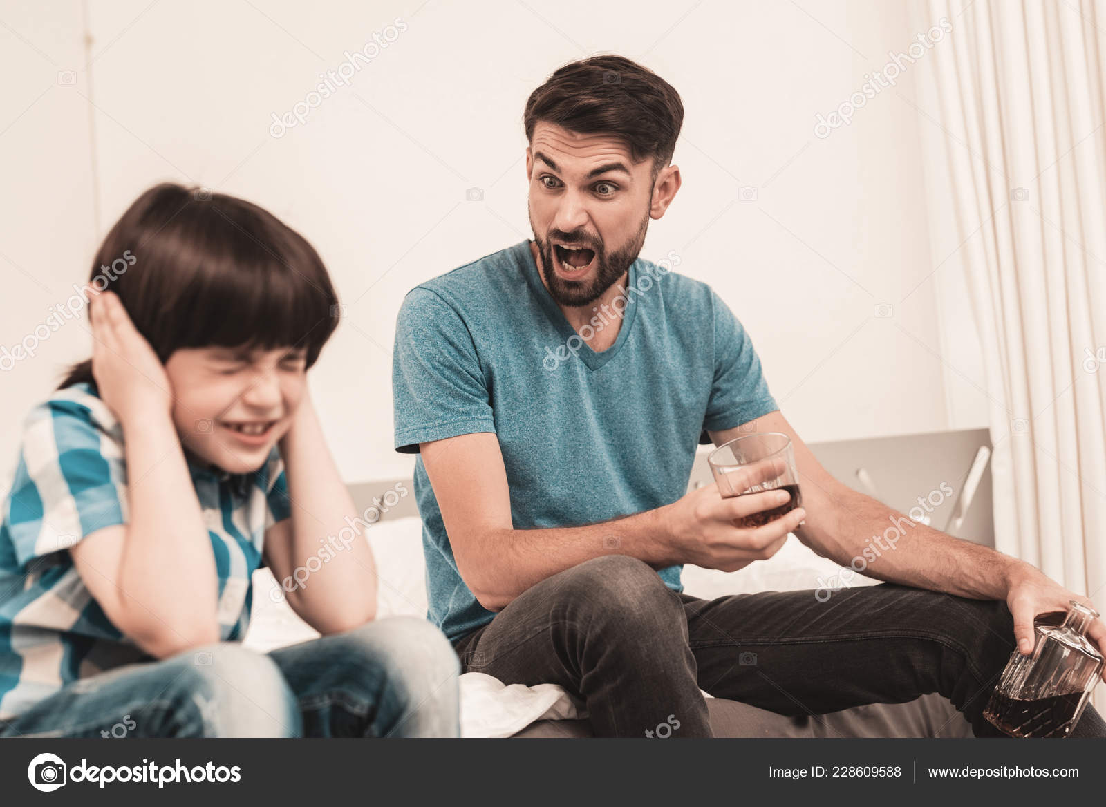 Little Boy Sitting Room Drunken Father Crisis Family Alcoholism Problem ...