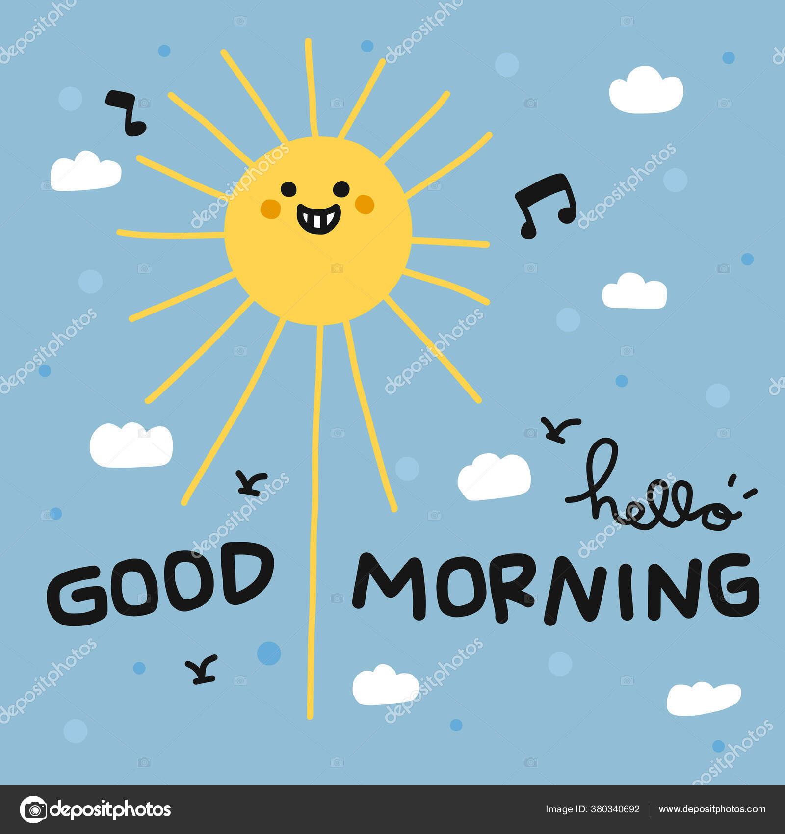 Hola Buenos Días Feliz Sol Sonrisa Dibujos Animados Doodle Vector ...