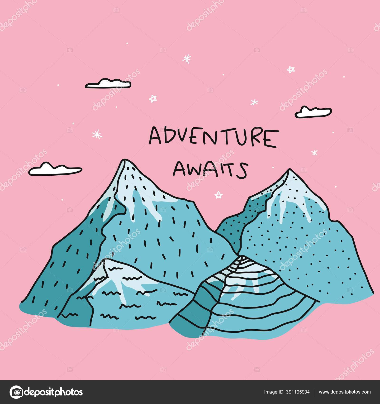 Adventure Awaits Word Blue Mountain Pink Sky Cartoon Vector ...