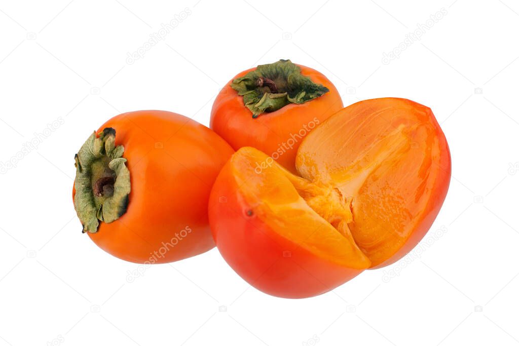 Dos caquis anaranjados enteros frutos o diospyros kaki y un caquis ...