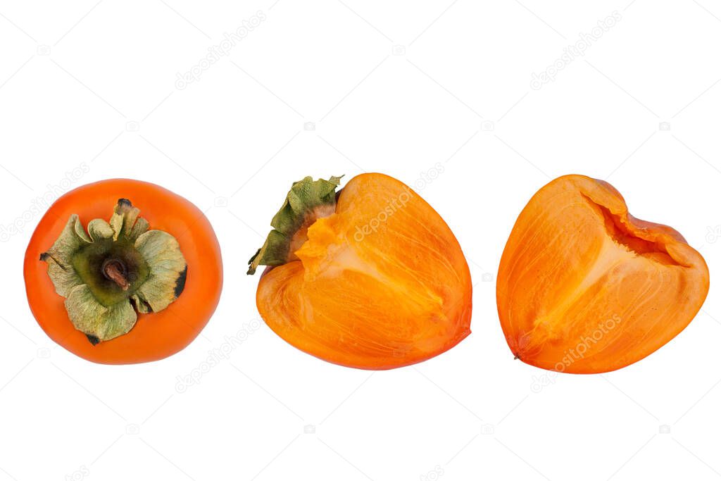 Fruto de caqui o sharon con hojas verdes un todo y uno cortado en dos ...