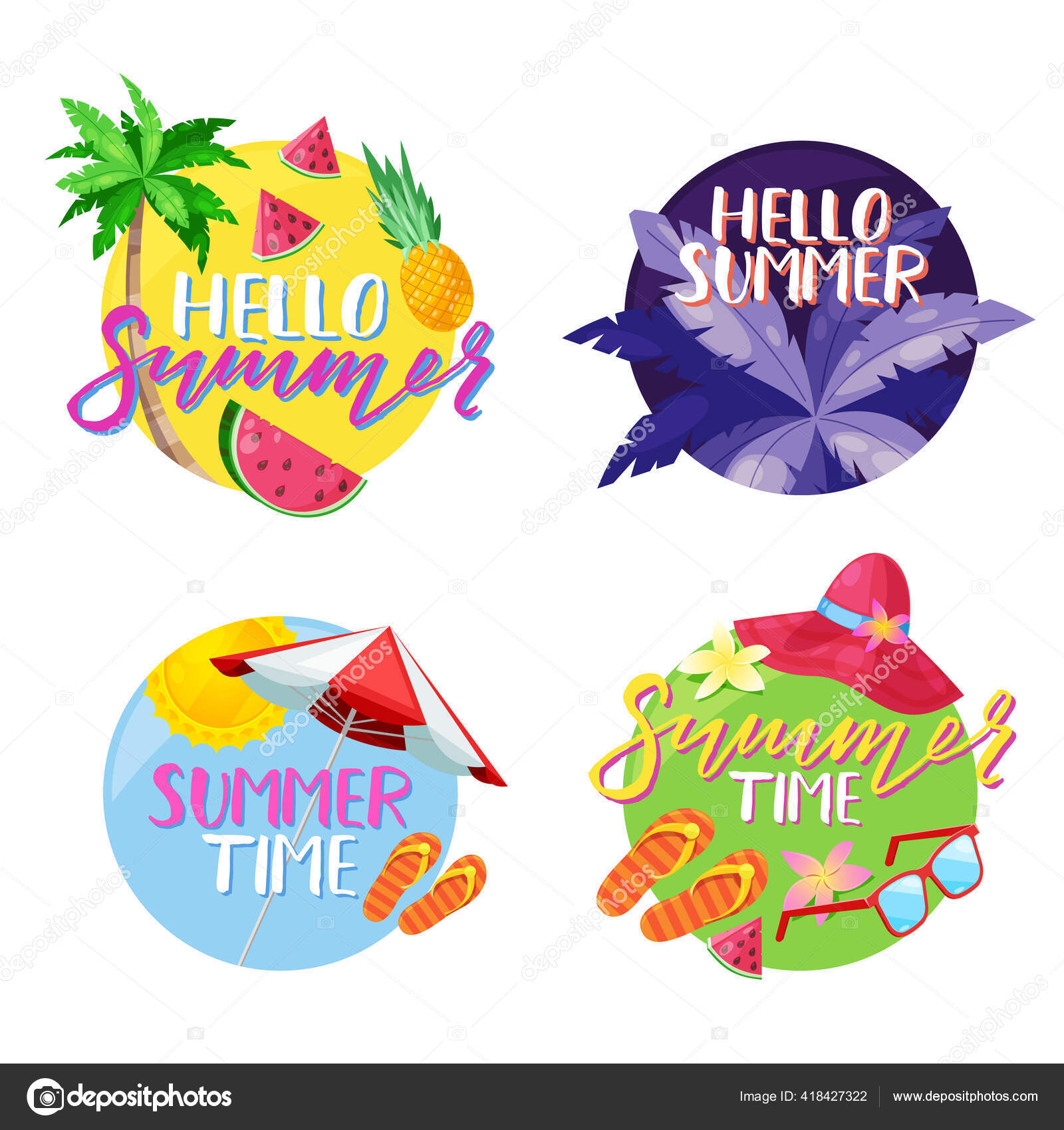 Summer Labels Stickers Tags Hello Summer Vector Circle Emblem Set Stock ...