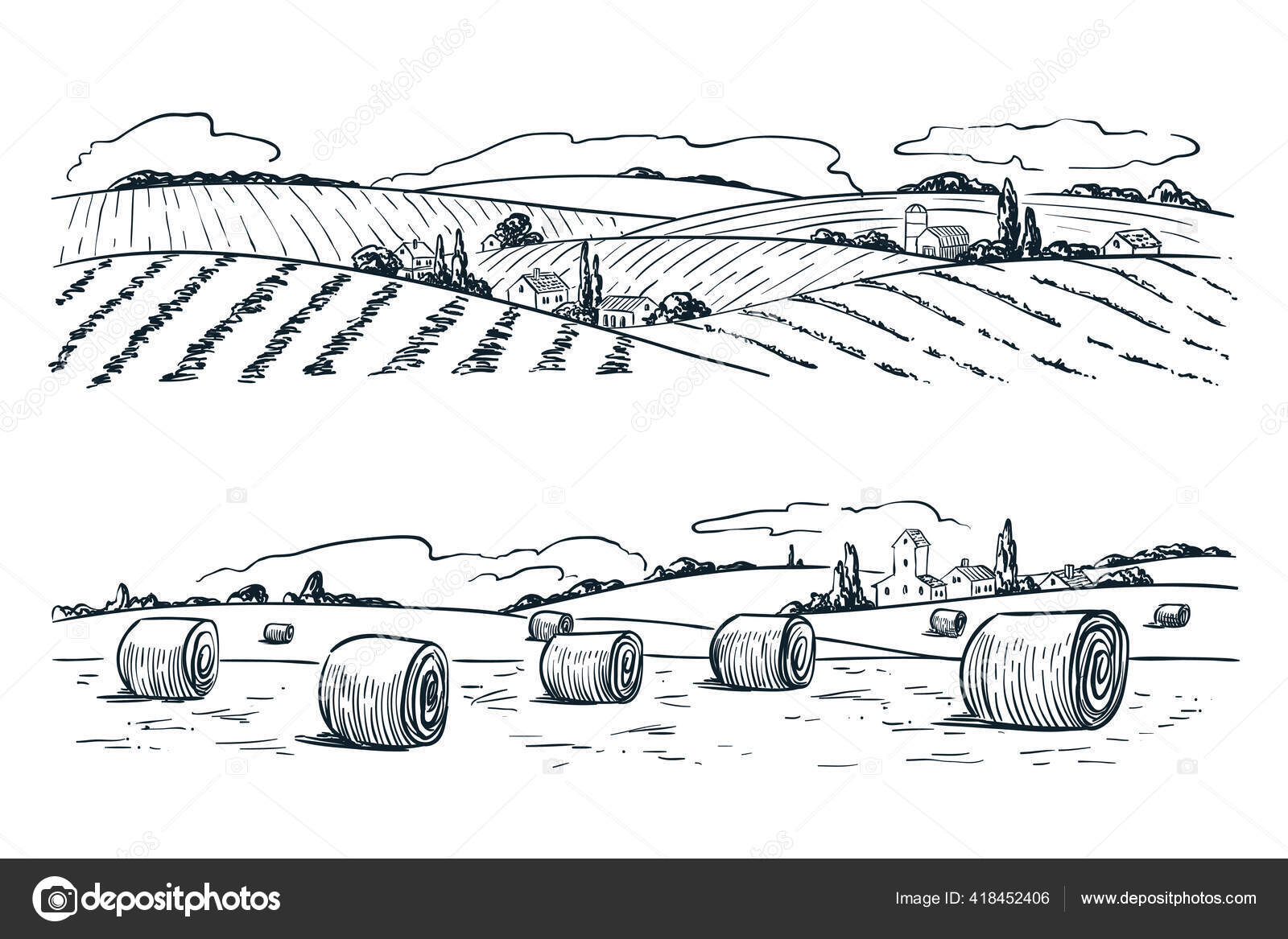 Farming Fields Landscape Vector Sketch Illustration Agriculture ...