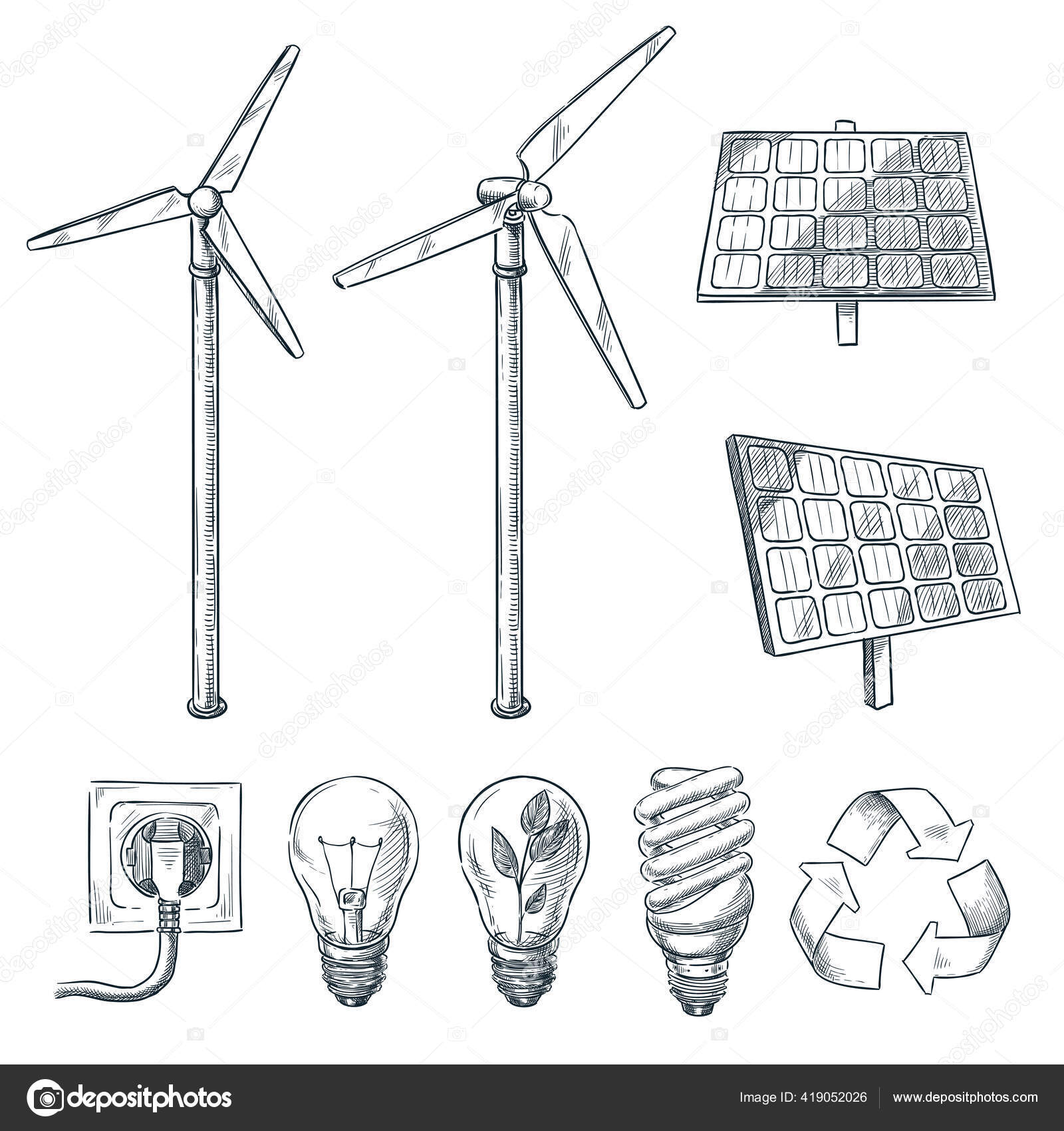 Alternative Eco Renewable Energy Sources Vector Hand Drawn Sketch ...