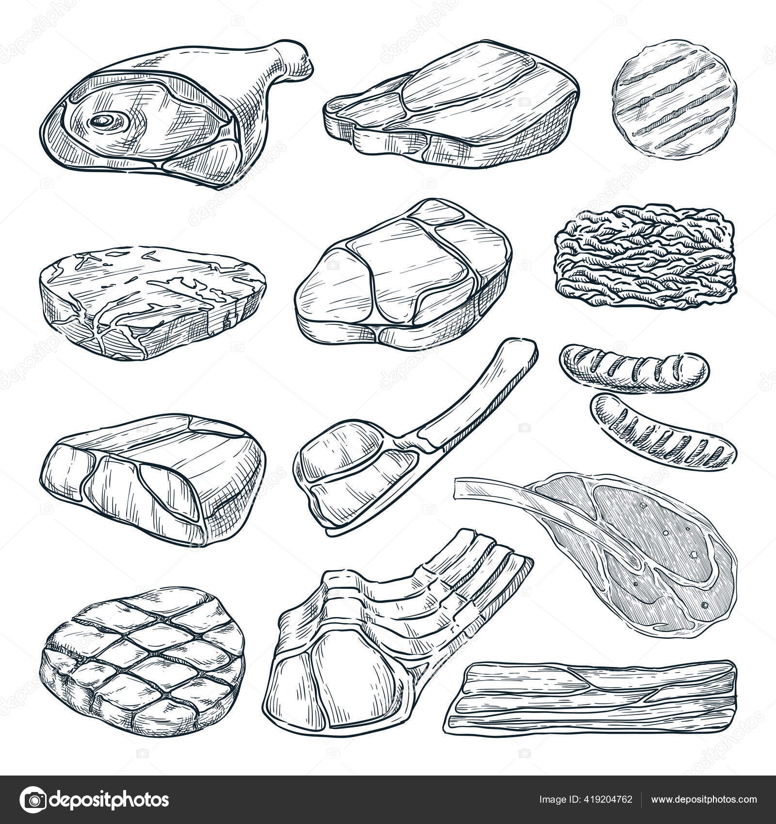 Fresh Raw Meat Collection Sketch Vector Illustration Hand Drawn Food ...
