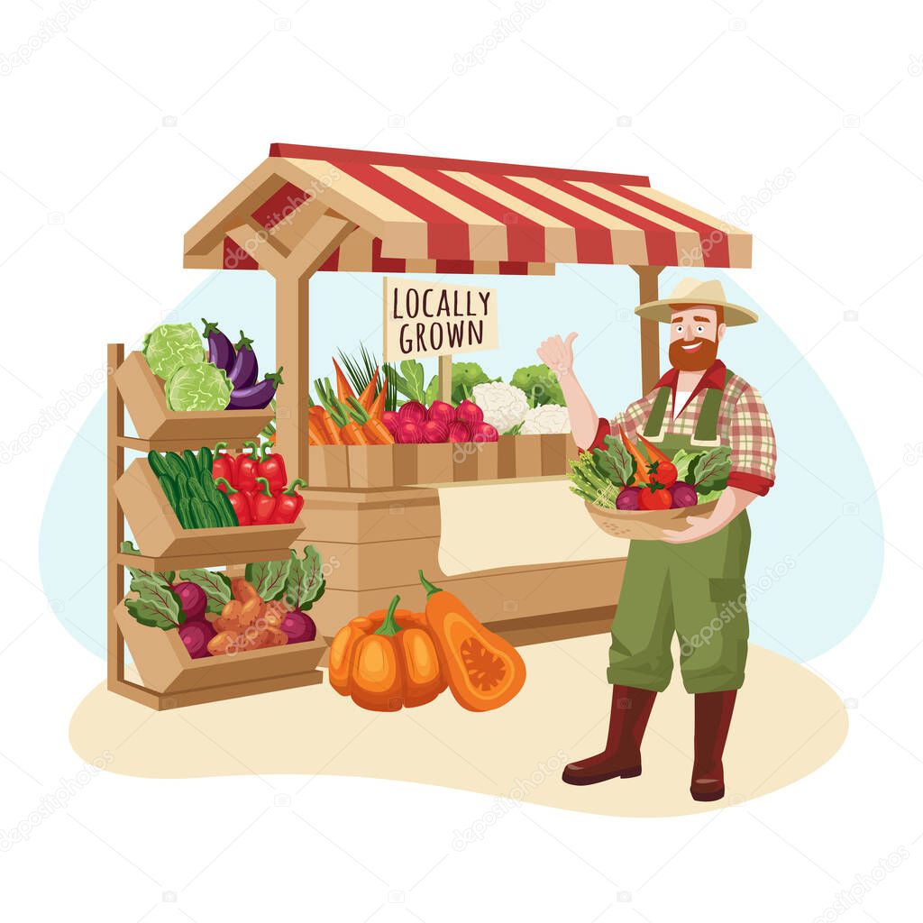 Granja vector de mercado ilustraci n de dibujos animados plana. El agricultor vende verduras ...