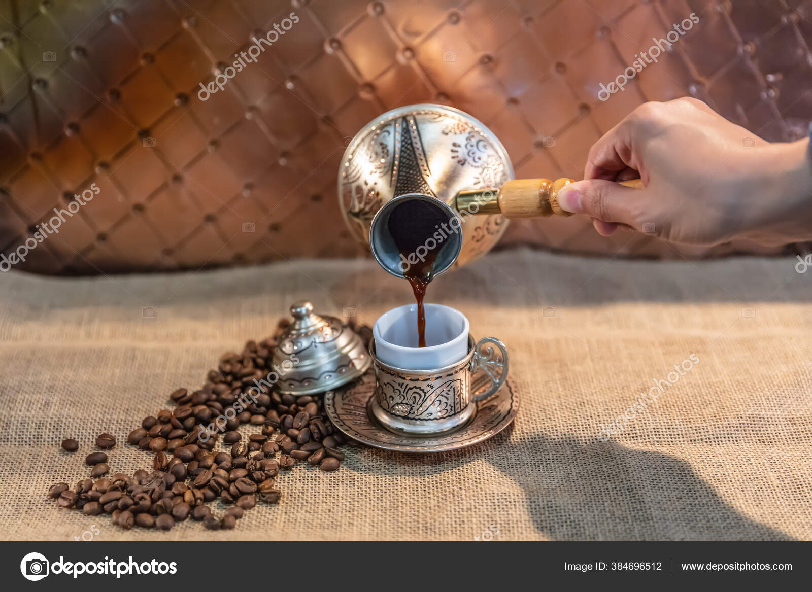 Woman Filling Coffee Cup Cafe Concept Copper Kitchenware Wicker ...