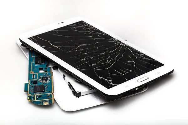 Phone screen is cracked. Mobile phone with broken screen set front and ...