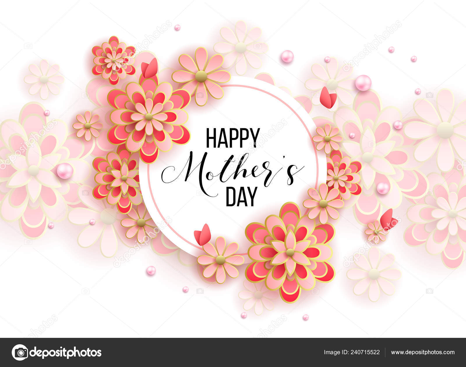 Happy Mothers Day Layout Design Flowers Lettering Pearls Frame