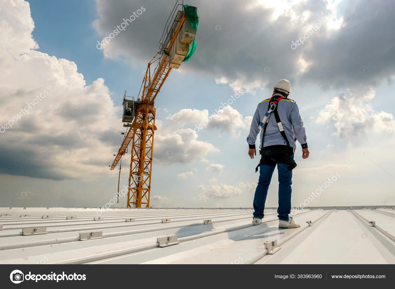 Construction Engineer Wear Safety Uniform Inspection Metal Roofing Work ...