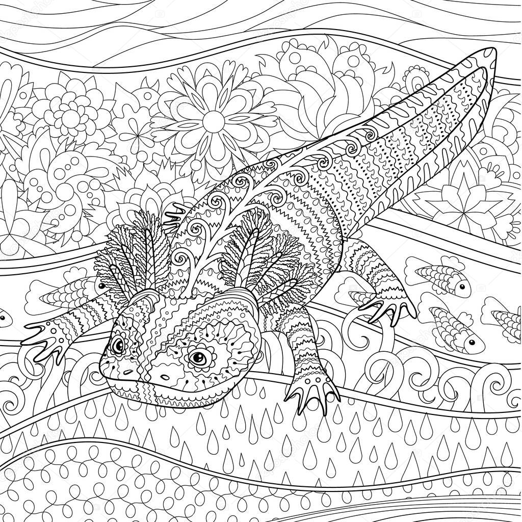 Página para colorear para adultos con lindo axolotl en estilo enredo ...
