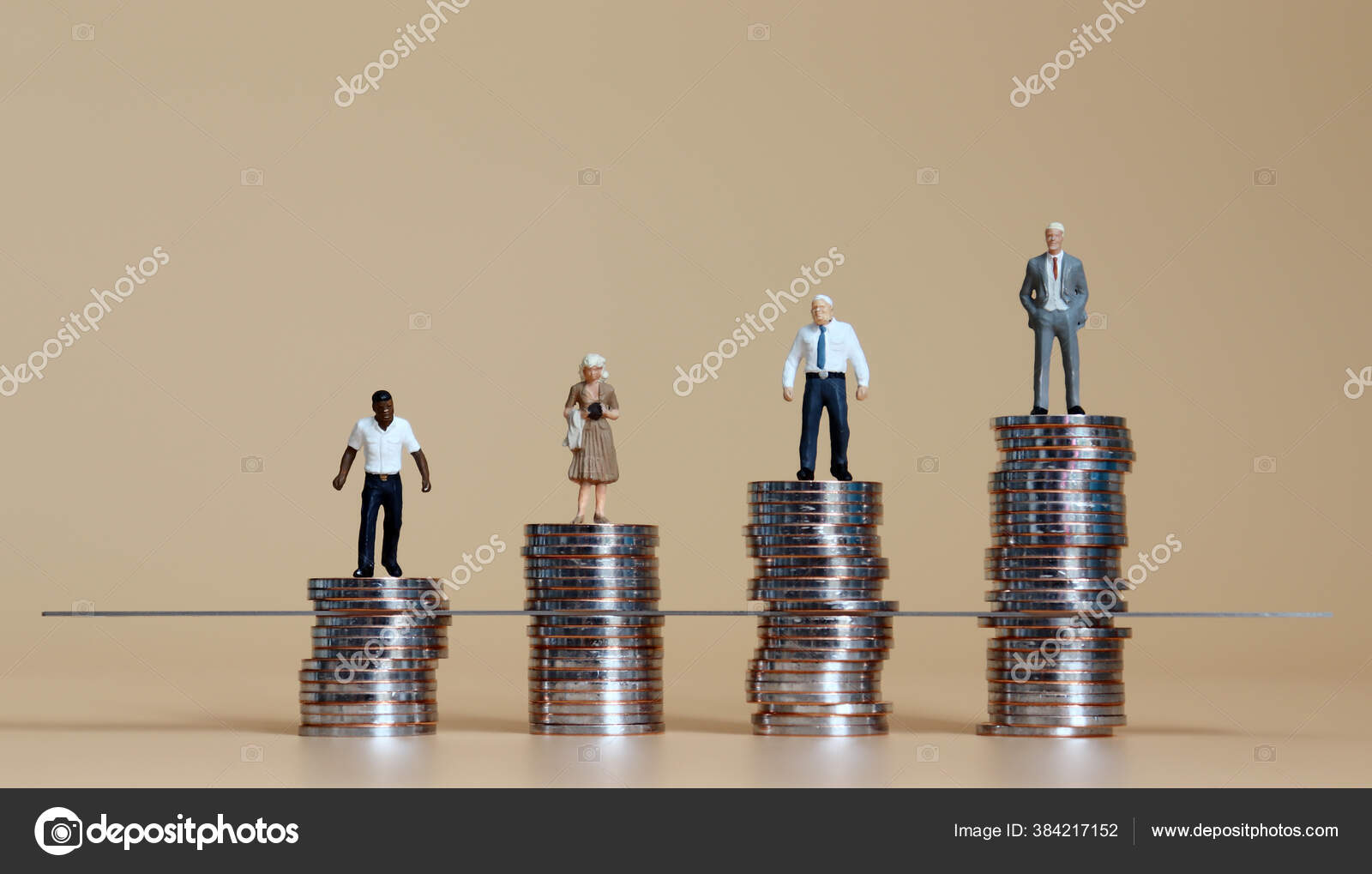Miniature People Standing Piles Coins — Stock Photo © Kanghyejin #384217152