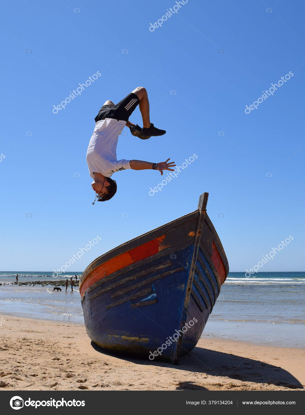 Backflip Shot Boy Flying Controlling His Motion Boat Tricking Beach ...