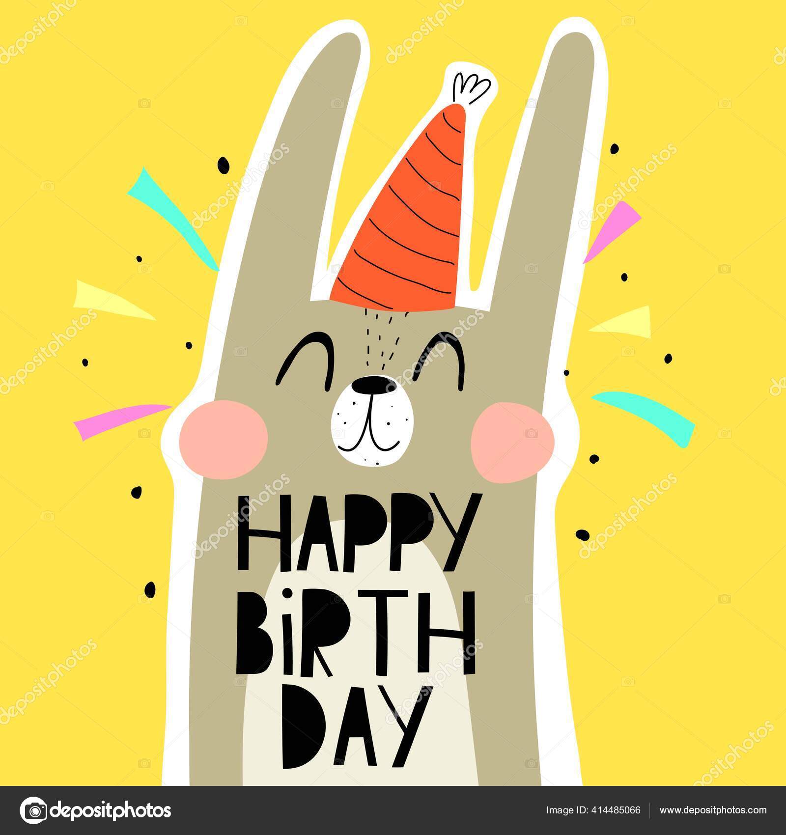Happy Birthday Cartoon Hare Hand Drawing Lettering Decorative Elements ...