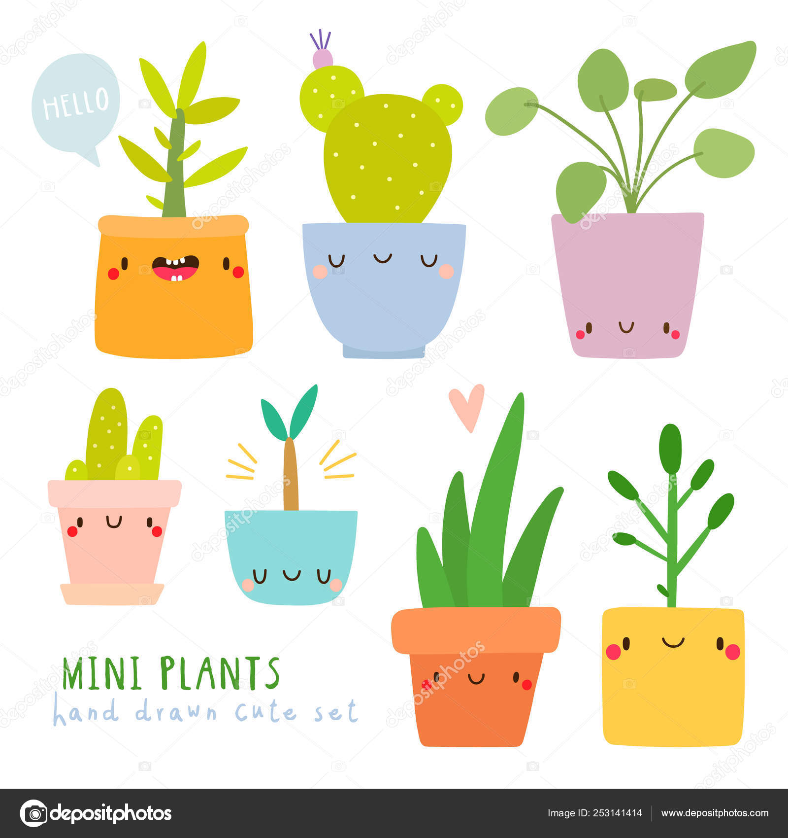 Super Cute Set Vector Mini Plants Cartoon Hand Drawn Houseplants Stock ...