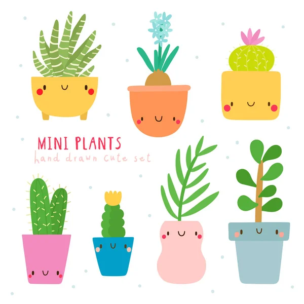 Super Lindo Conjunto Vector Mini Plantas Dibujos Animados Dibujado Mano ...