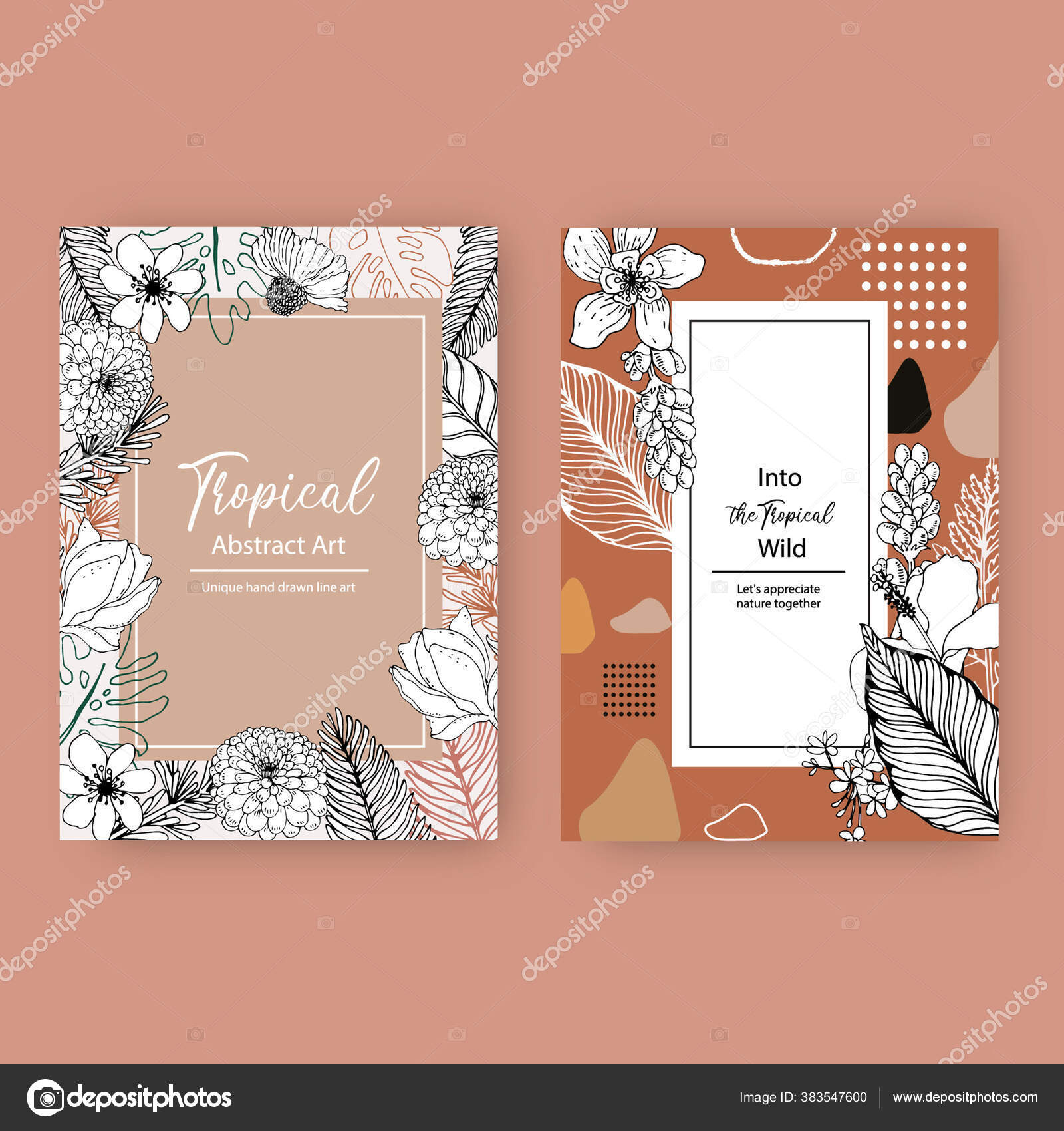 Line Art Tropical Frame Design Flowers Leaves Hand Drawn Illustration ...