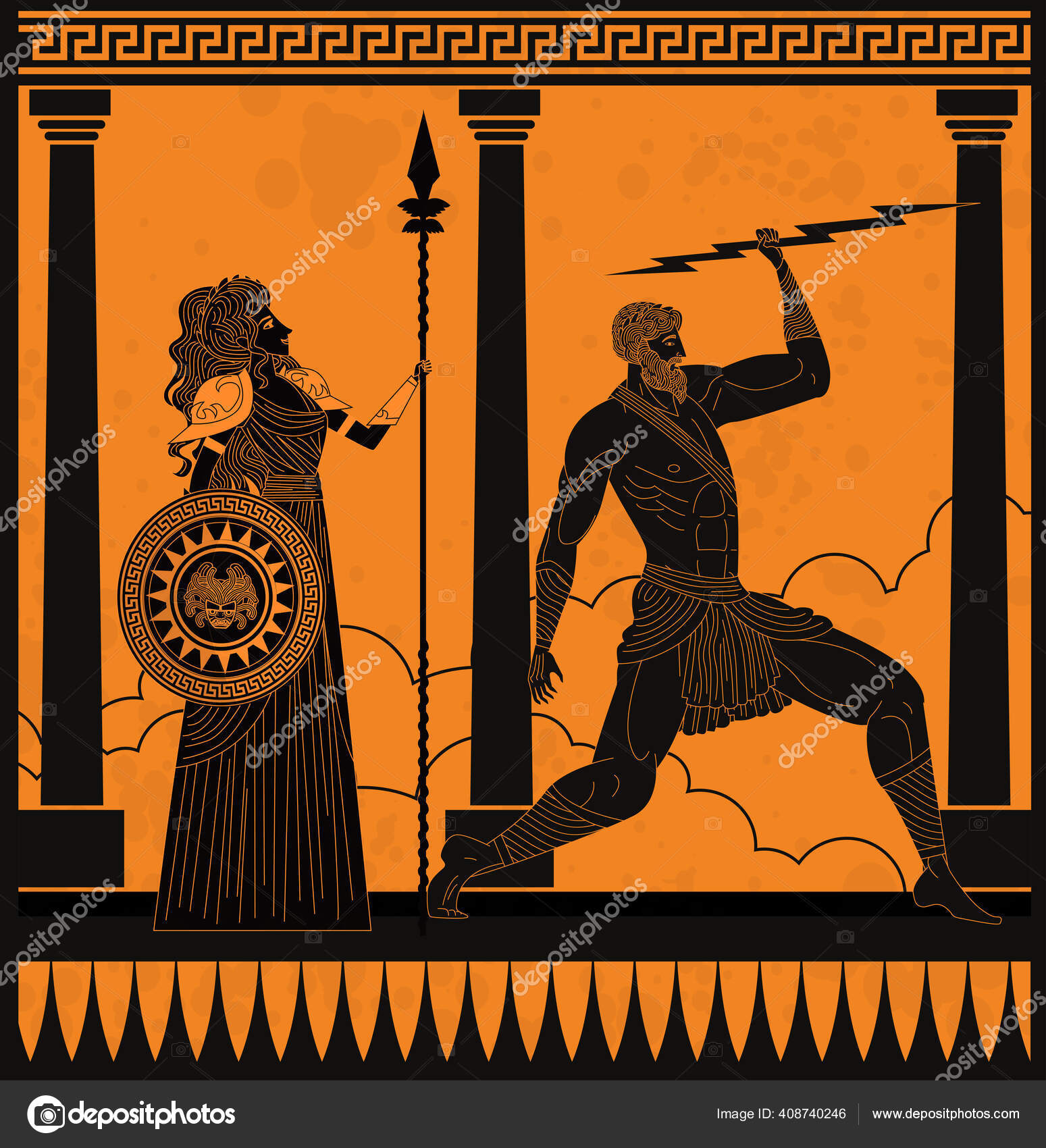 Greek Orange Black Amphora Drawing Athena Zeus Stock Vector Image by ...