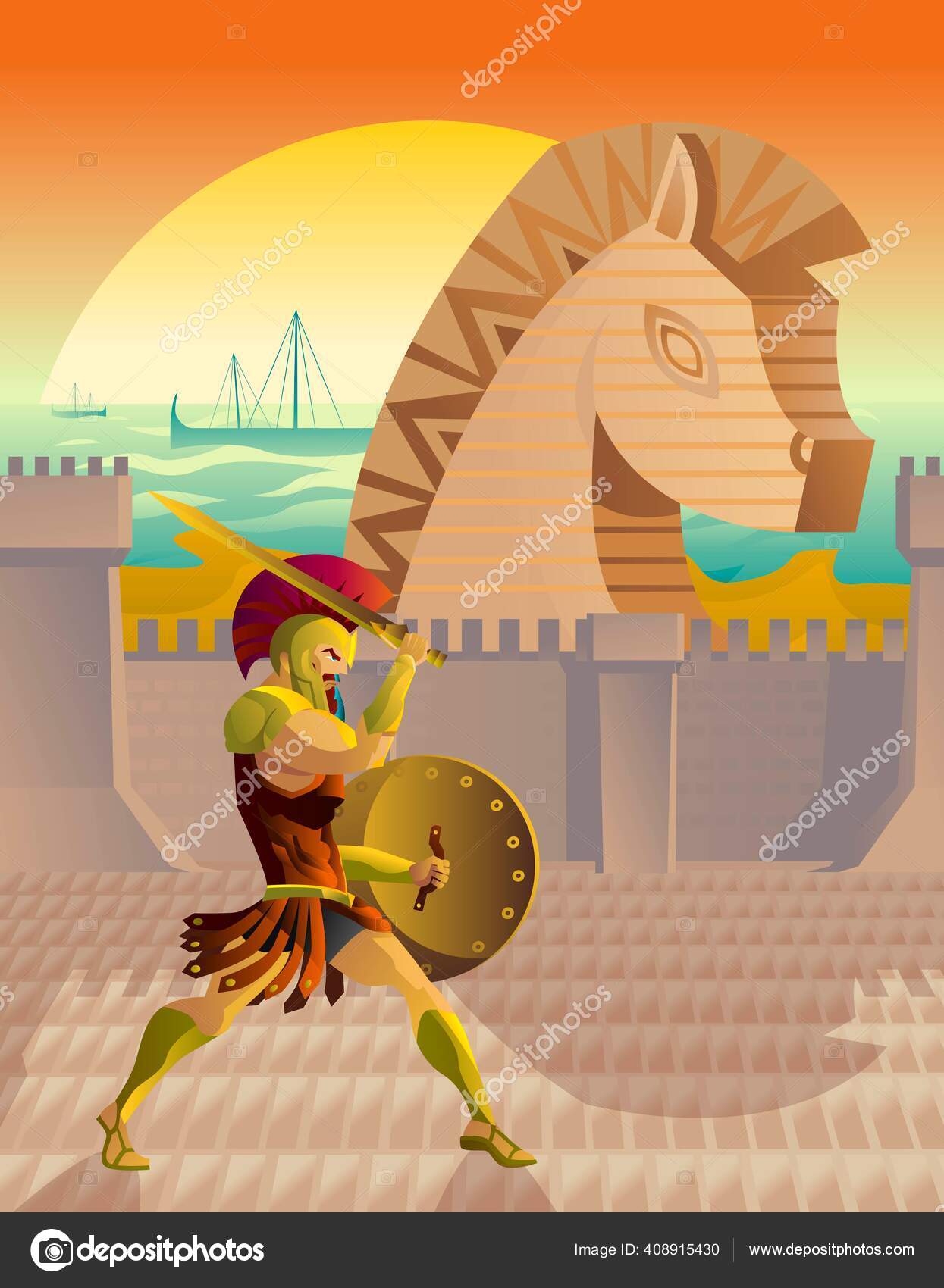 Troy War Wooden Trap Horse Trojan Soldier City Walls Stock Vector Image ...