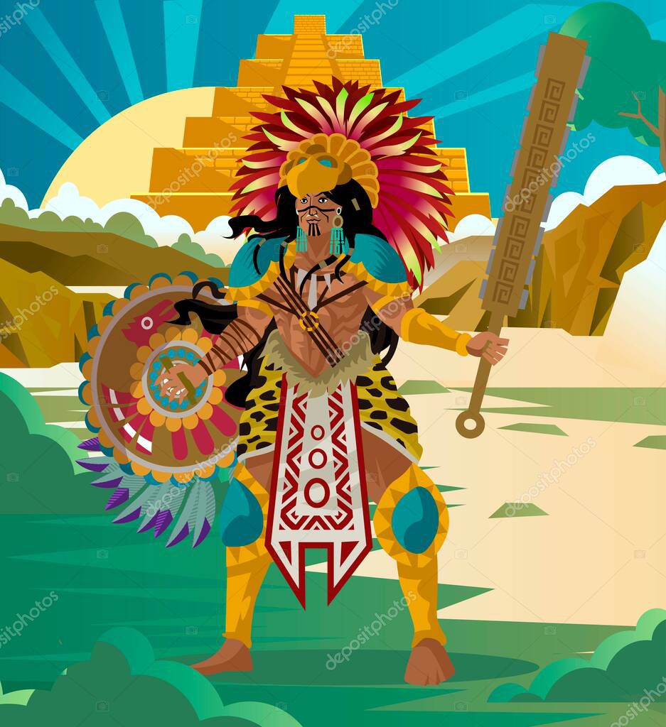 gran emperador sacerdote azteca cerca de una pirámide 2023