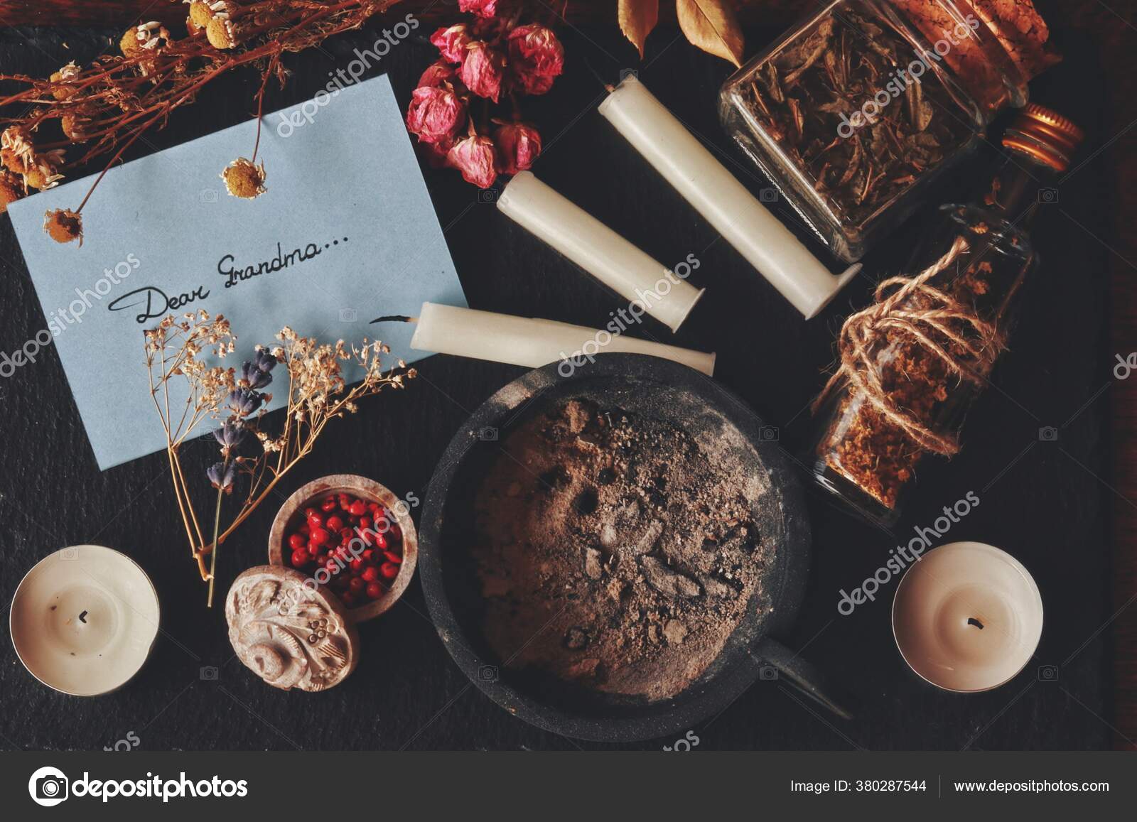 Flat Lay Wiccan Witch Altar Prepared Necromancy Spell Contact Dead ...