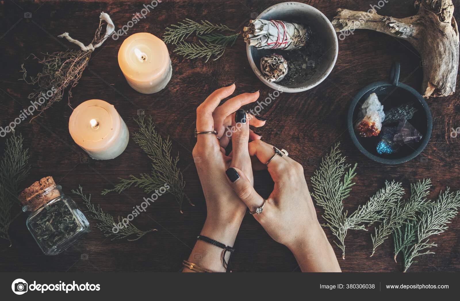 Witches Hands Table Ready Spell Work Wiccan Witch Altar Filled Stock ...