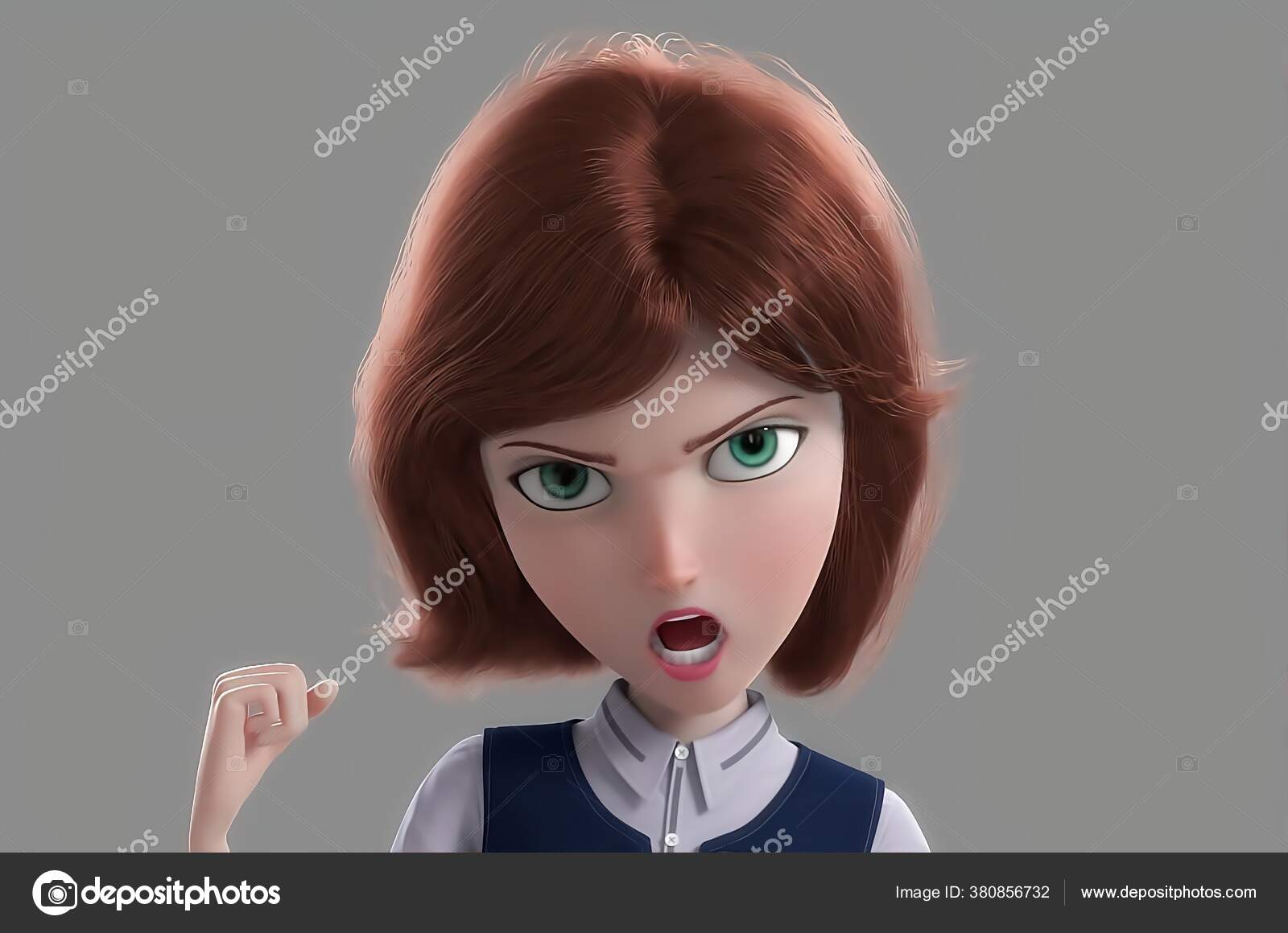 Angry Indignant Young Cartoon Woman Big Green Eyes Threatens Fist ...