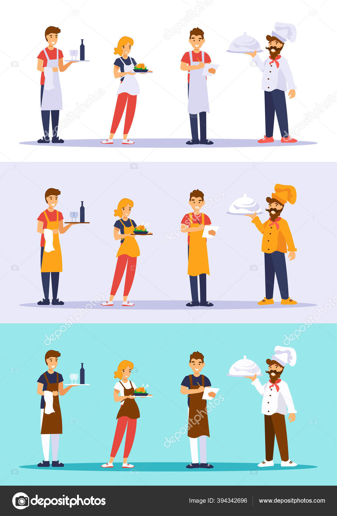Waiters, waitress and shef cook. Set of cafe workers characters on ...