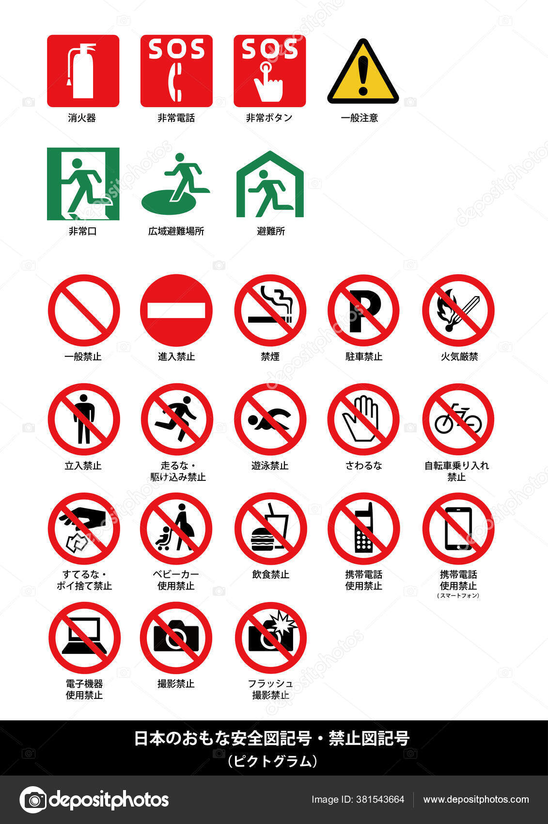 Major Public Safety Signs Prohibition Signs Pictogram Japanese Stock ...