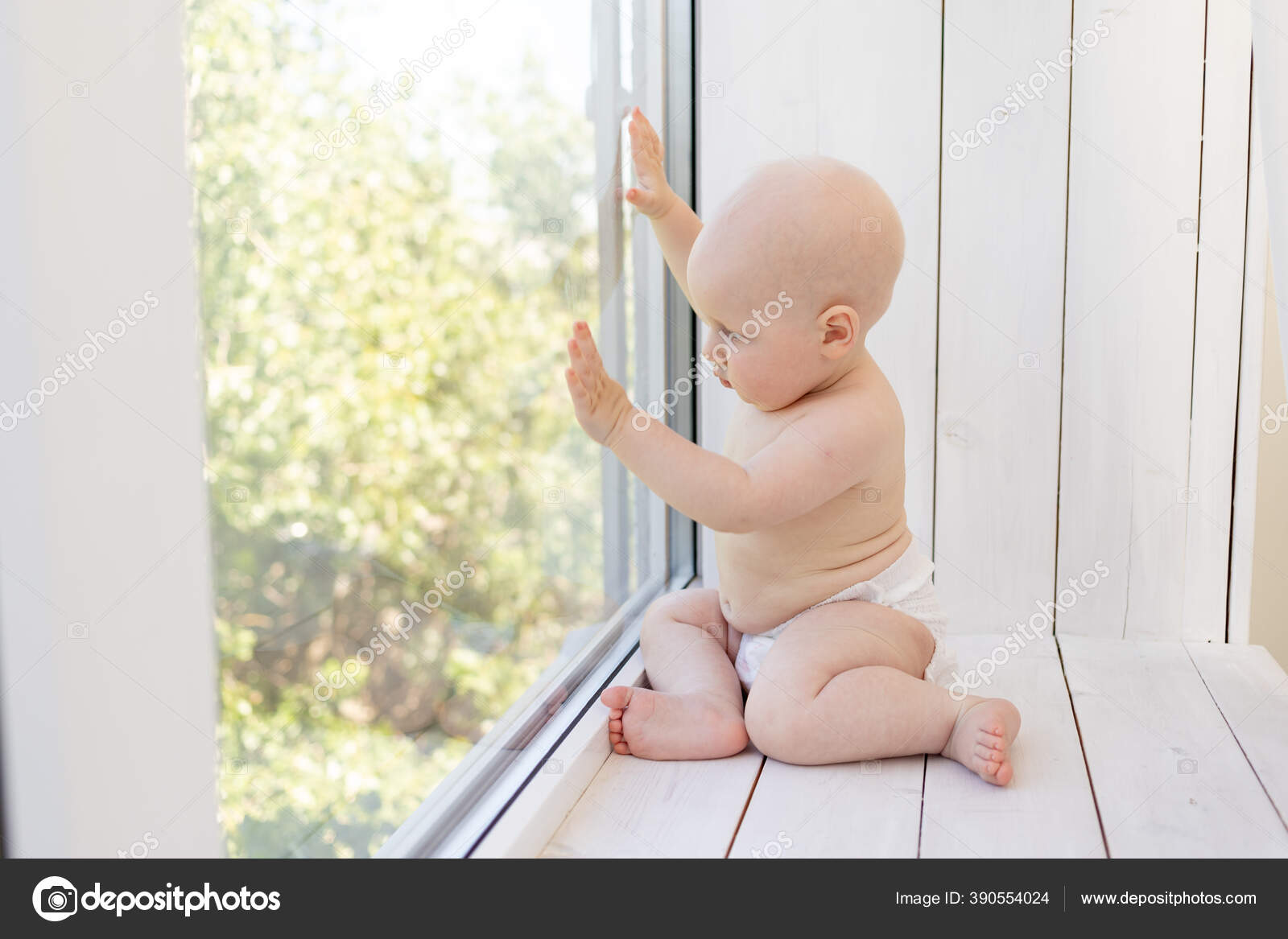 Baby Boy Months Old Sitting Diapers Window Sill Looking Distance Stock ...