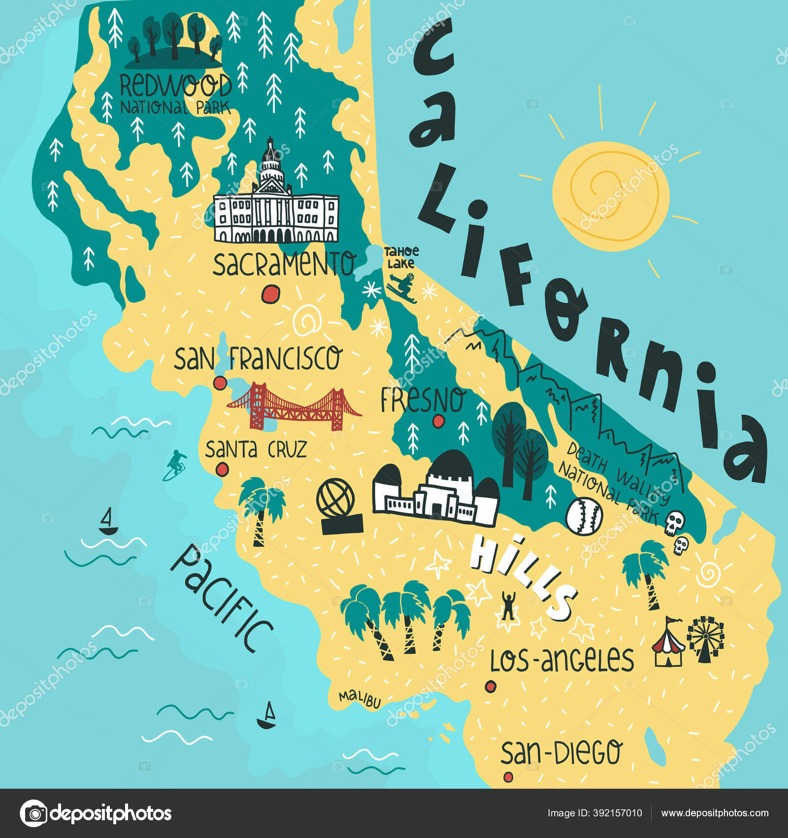 California State Funny Colorful Hand Drawn Map Landmarks Biggest Cities ...