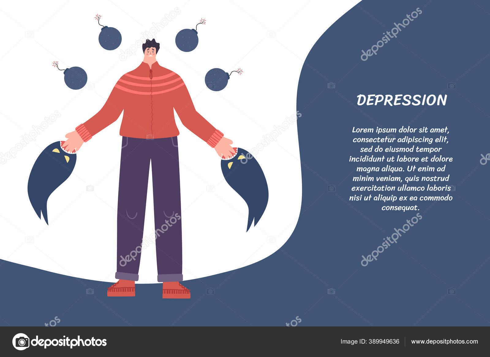 Concept Depression Monsters Pull Man Pieces Vector Illustration Place ...