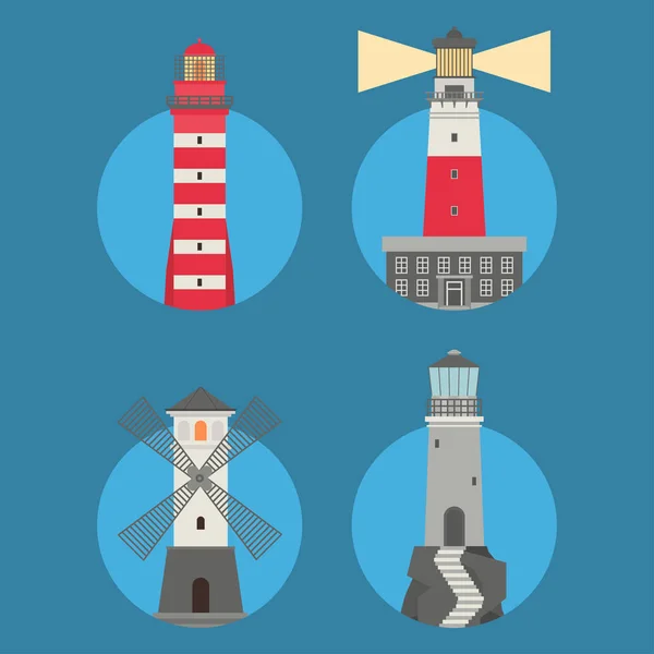 Lighthouses vector flat searchlight towers for maritime navigation ...