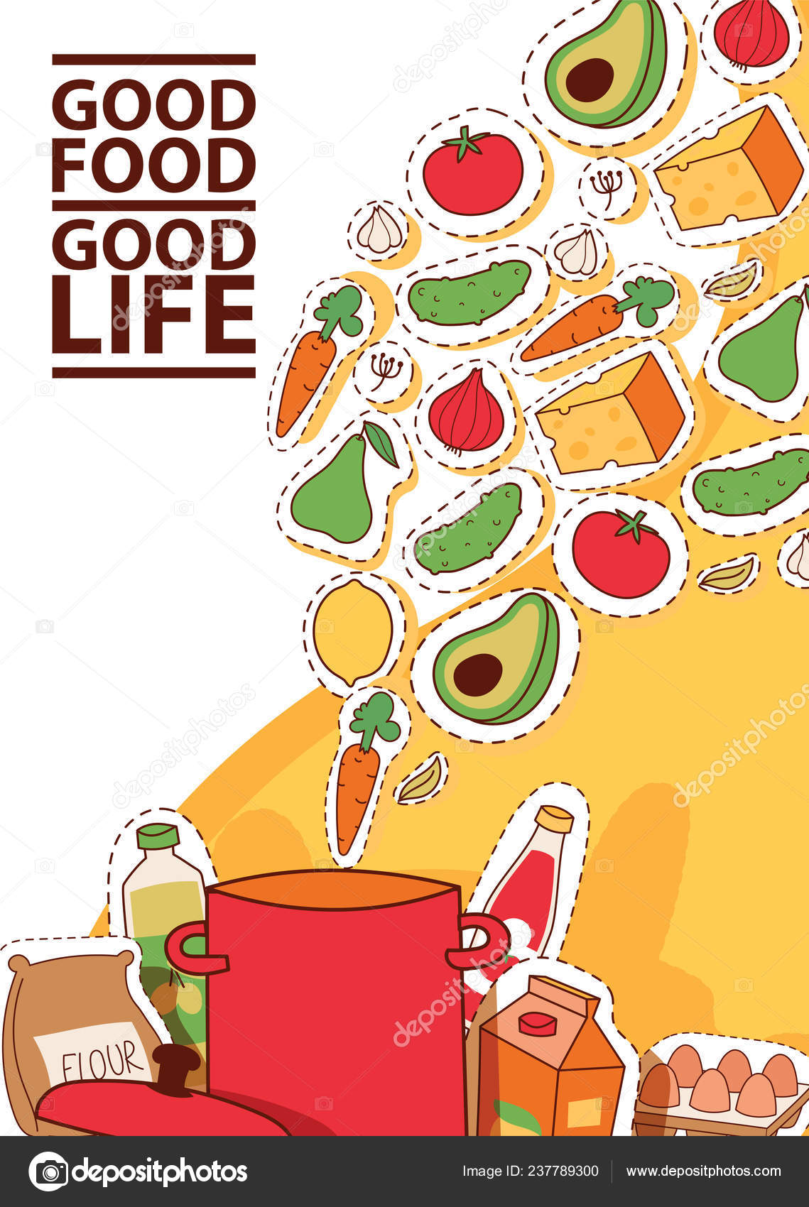 Food stickers vector illustration. Good food good life concept banner ...