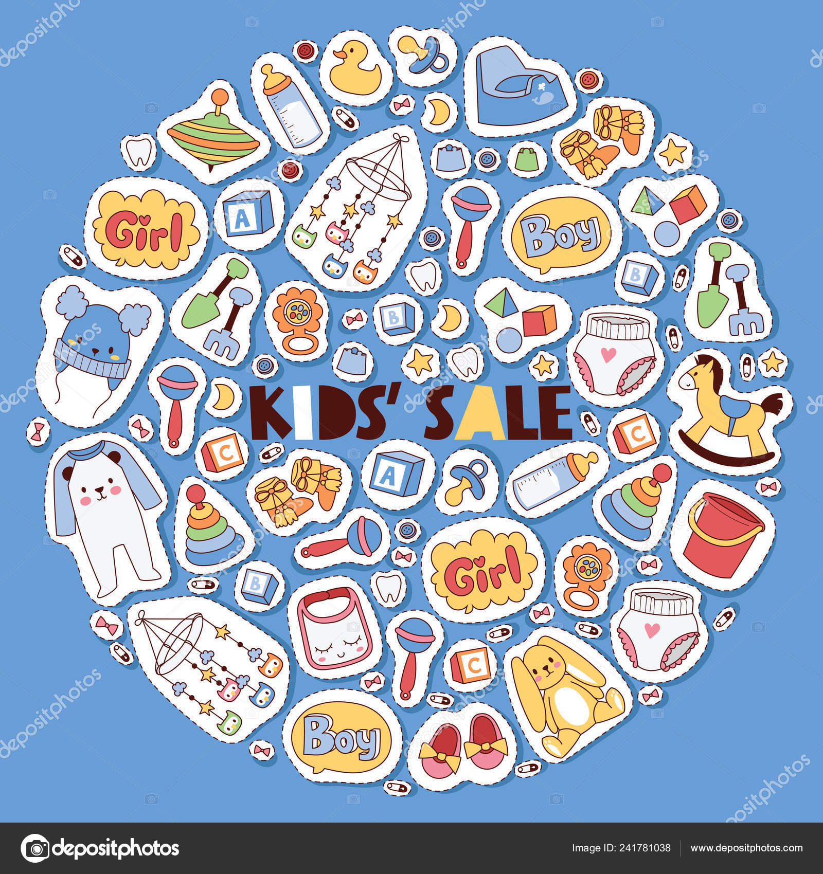 Baby stickers vector cartoon kids toys and clothing newborn garment ...