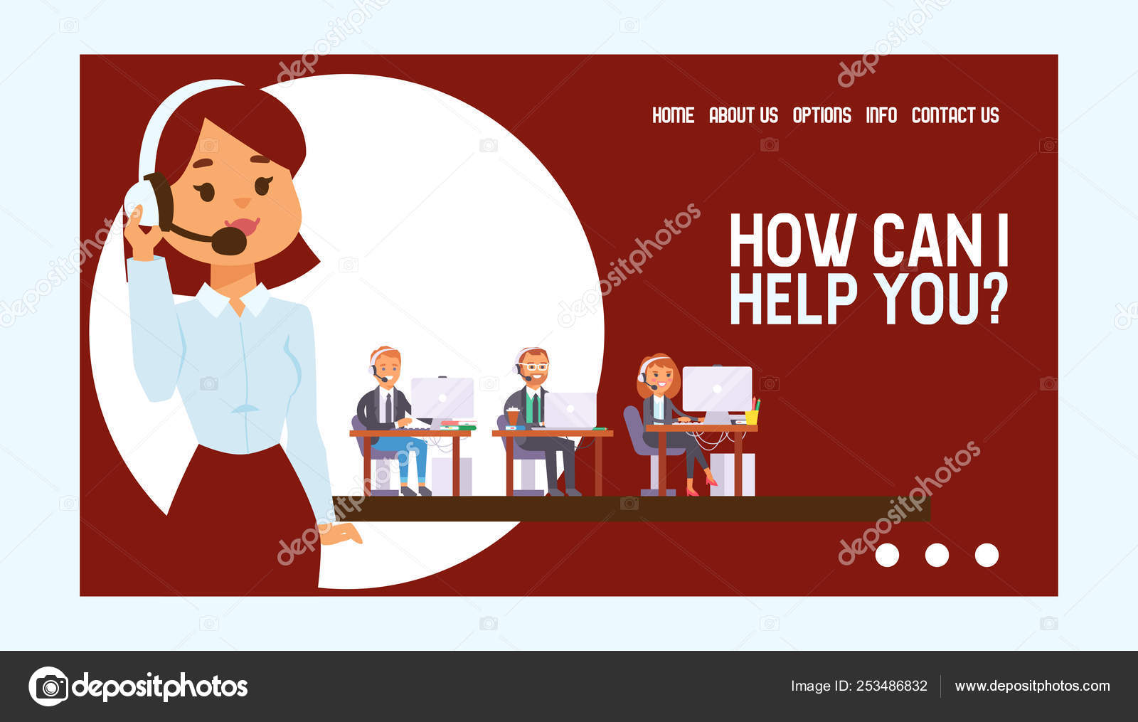 Call center vector web page people man woman character working in call ...